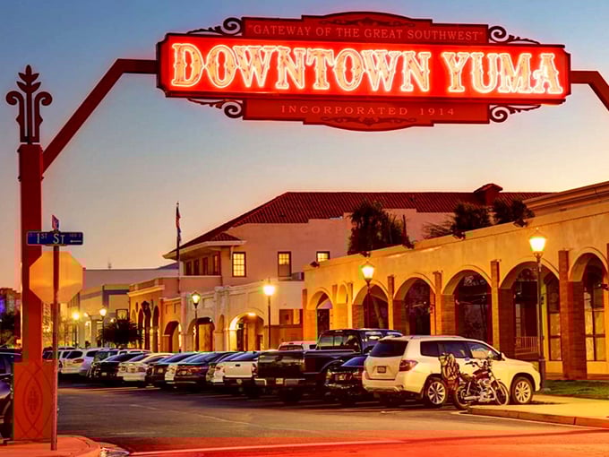 Downtown Yuma lights up at dusk, transforming this border town into a glowing postcard of Southwestern charm.