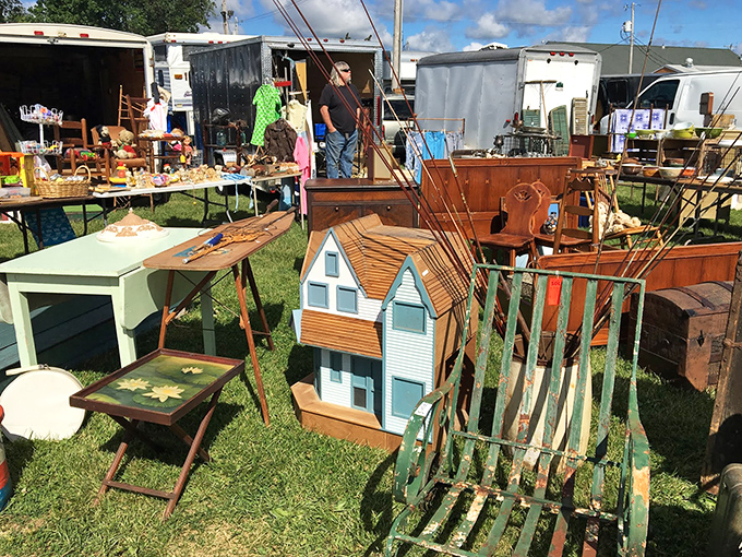 Ground level shows the real action: families hunting for deals among vintage furniture and forgotten household gems.