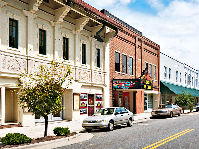 Historic storefronts line Asheboro's welcoming main street, where your Social Security check stretches further than you'd expect.