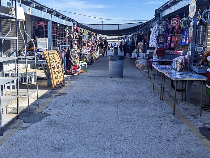 Outdoor vendors line up with everything from clothes to knickknacks. Like a garage sale threw a block party!