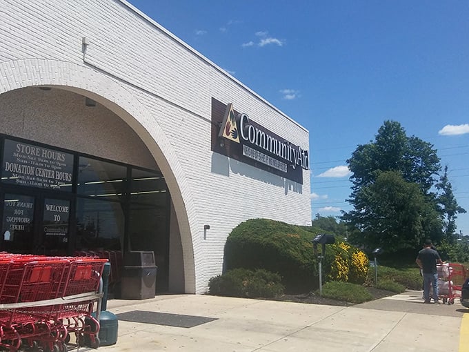 Bright red shopping carts stand ready for thrift adventurers outside this Mechanicsburg secondhand paradise.