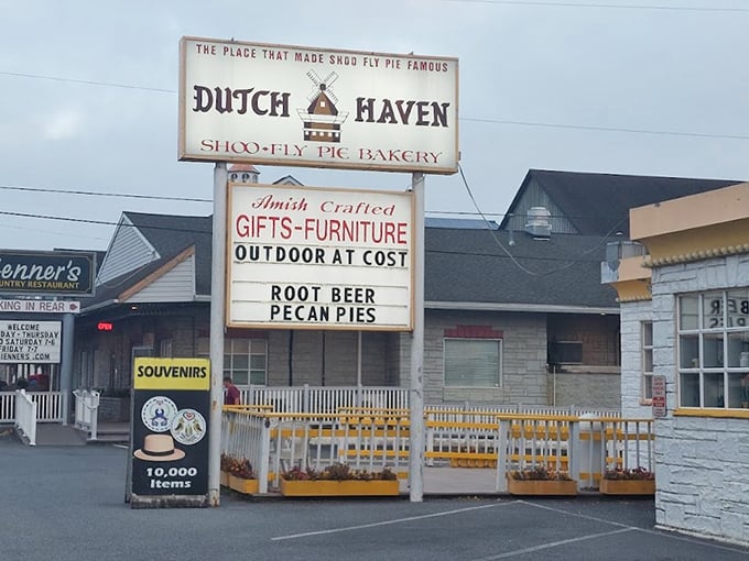 Dutch Haven's famous shoo-fly pie sign stands proudly next to Dienner's. Two Pennsylvania Dutch heavyweights on one street corner!