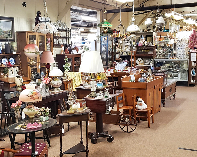 Lamp heaven! This corner of Emmitsburg Antique Mall could light up your life&mdash;and your living room&mdash;with vintage glow and nostalgic charm.