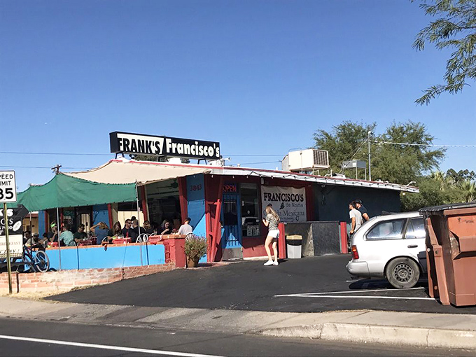 The bright blue-red combo at Frank's isn't just eye-catching; it's the universal signal for "amazing breakfast ahead" in any language.