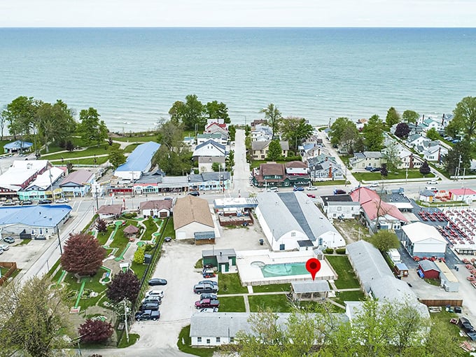 Geneva-on-the-Lake from above &ndash; where charming lakeside cottages meet the endless blue of Lake Erie.
