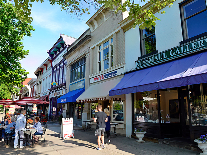 Here's where Norman Rockwell would set up his easel - tree-lined streets that make hurried living seem silly.
