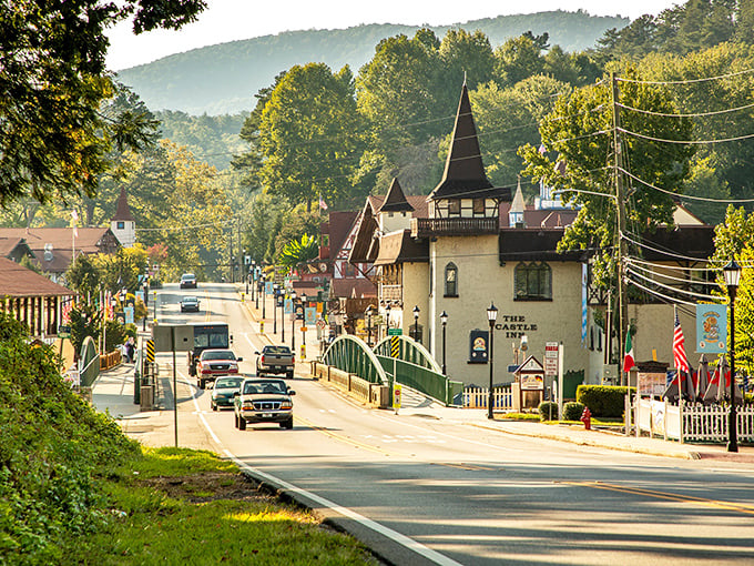 The Castle Inn stands guard over Helen's charming main street, where Oktoberfest spirit lives year-round in this pocket-sized Alpine village in Georgia.