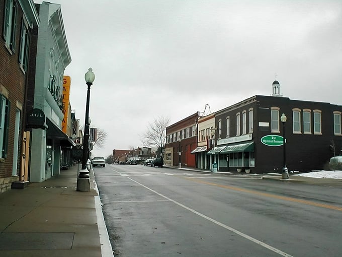 Winter's quiet embrace transforms this historic downtown into a peaceful winter wonderland.