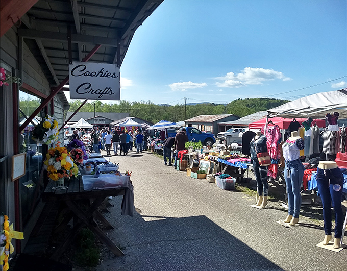 Cookie's Crafts beckons under blue skies at Jamestown, where mountain views compete with colorful merchandise for attention.