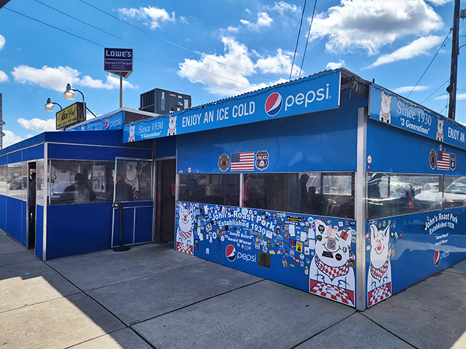 The bright blue exterior isn't just eye-catching—it's a beacon of hope for sandwich lovers seeking cheesesteak perfection.