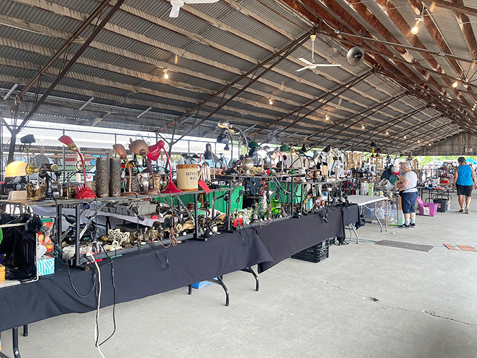 Where bargain dreams come true! Vendors display their wares under the soaring roof of St. Charles' legendary flea market.