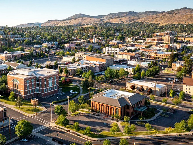 Sunlight bathes historic brick buildings in Klamath Falls, where small-town charm meets affordable retirement living.