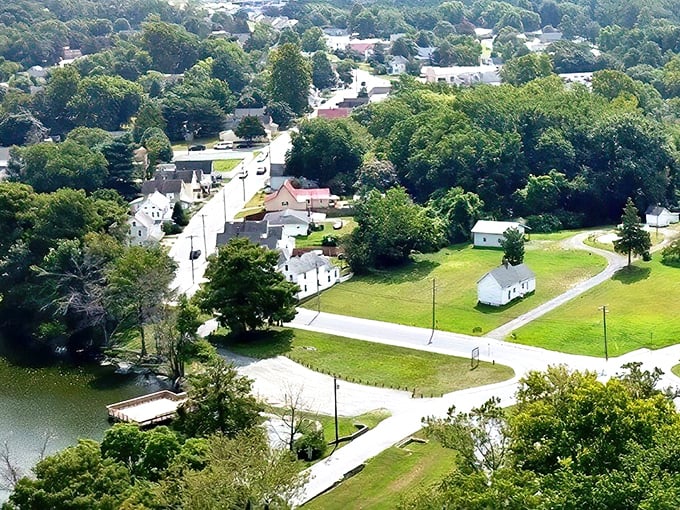 From this bird's-eye view, Laurel reveals its secret weapon: a perfect blend of green spaces and cozy neighborhoods where Social Security dollars stretch like saltwater taffy.
