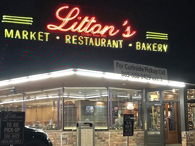 Night falls, but Litton's lights up. The classic market-restaurant combo proves that the best things in life come with a side of fries and hometown charm.