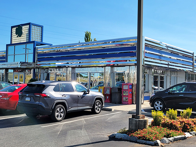 That classic blue and chrome facade isn't just eye-catching&mdash;it's practically announcing "Pancakes served with a side of nostalgia inside!"