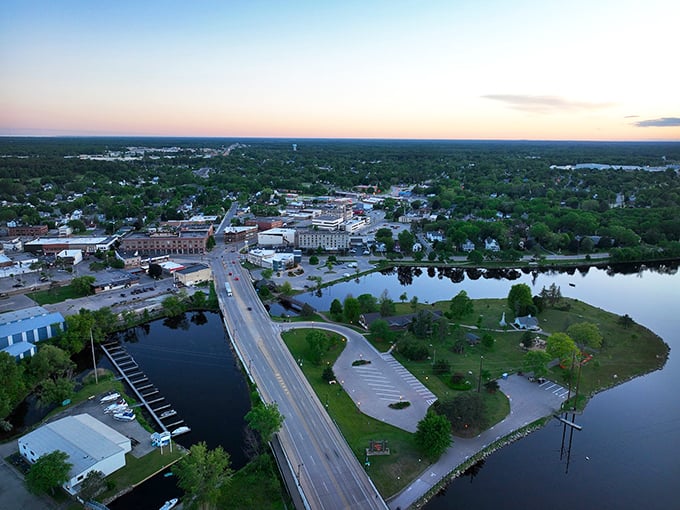 Aerial view of Marinette where the Wisconsin River meets affordable living &ndash; proof that waterfront property doesn't always require a tech mogul's salary.