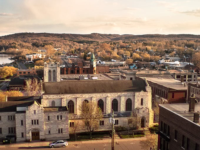From this bird's-eye view, Marquette's stunning church stands sentinel over a town that time politely decided to respect.