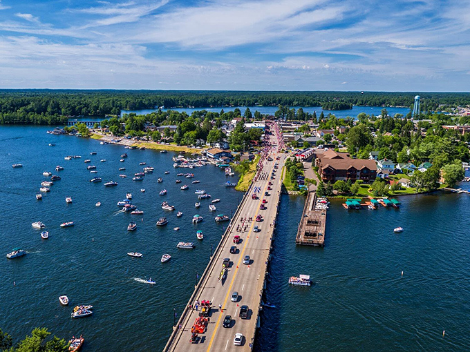 Summer in Minocqua means boats outnumber cars, and nobody's complaining about the traffic on this liquid highway.
