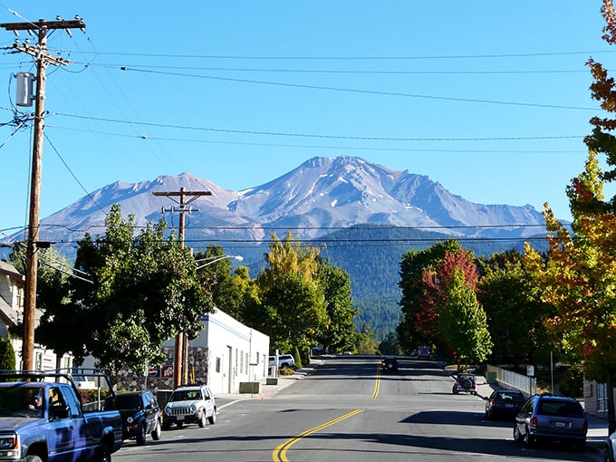 Main Street Mount Shasta where every view comes with a side of jaw-dropping natural drama.
