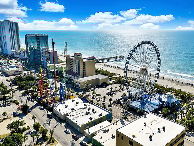 The SkyWheel stands sentinel over sandy shores, offering views that make even frequent flyers catch their breath.