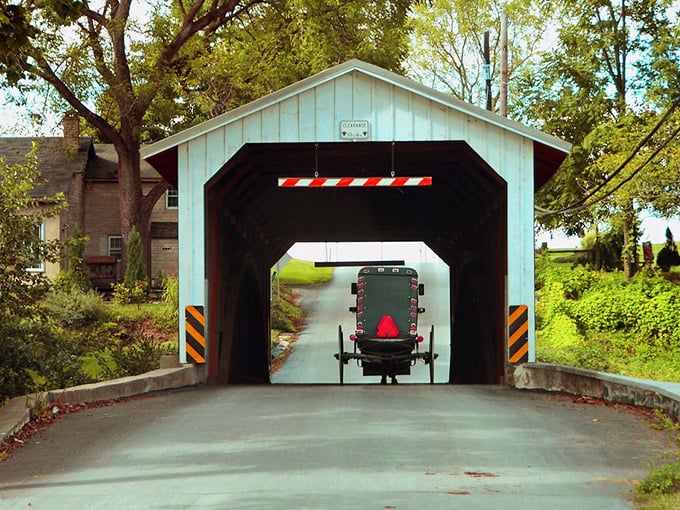 Where tradition meets the road. This covered bridge welcomes both modern cars and horse-drawn buggies with equal charm.