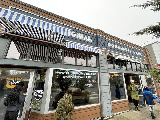 Pip's storefront is like a portal to donut nirvana. Those blue and white striped awnings practically whisper, "Get in here, hungry friend."