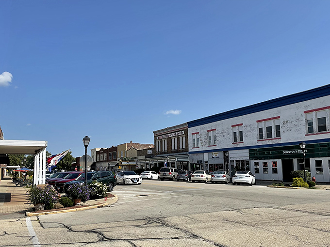 Rantoul's main street welcomes visitors with wide sidewalks and charming storefronts under a sky that seems to stretch forever in true Illinois fashion.