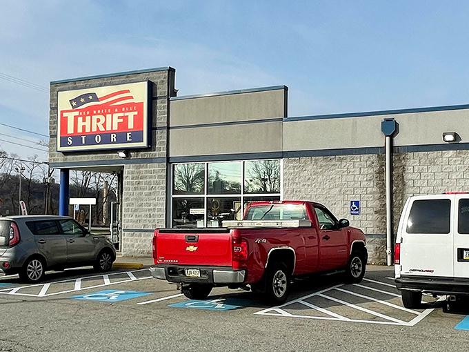 Parking spots filled with hopeful hunters at Red White & Blue. Each car represents someone's quest for that perfect thrifted find.