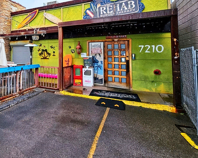 Surfboards and palm trees at Rehab Burger Therapy &ndash; desert dining with a beachy twist that'll make your taste buds do the hula.