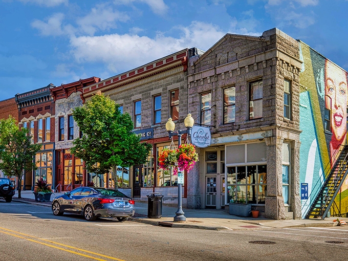 Colorful storefronts line Rockford's revitalized main street. That corner mural adds just the right splash of artistic flair to this affordable retirement haven.