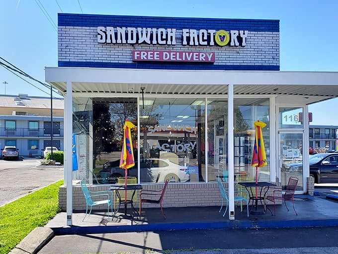 Those colorful outdoor tables aren't just for show&mdash;they're front-row seats to the sandwich symphony happening behind those unassuming glass doors.
