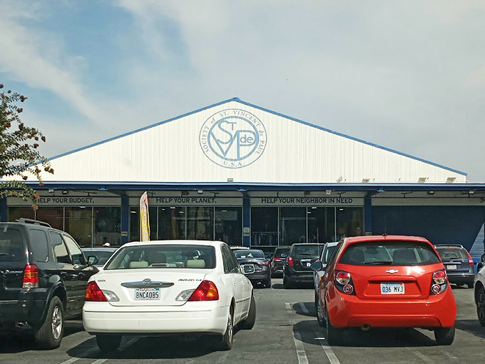 The St. Vincent de Paul logo welcomes bargain hunters to acres of secondhand gold.