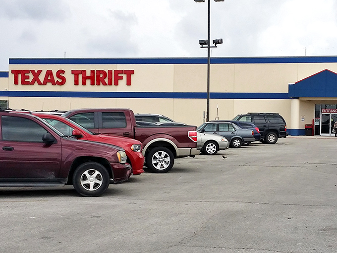 Cars lined up outside Texas Thrift like bargain hunters at dawn, each vehicle representing someone's quest for the perfect find.