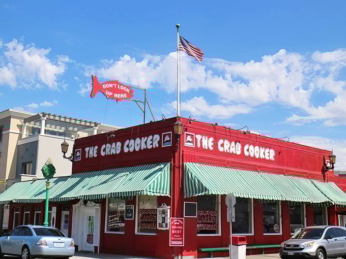 "Don't Look Up Here" says the quirky fish sign, but you can't help it! The Crab Cooker's no-nonsense exterior hides Newport Beach's seafood treasure.