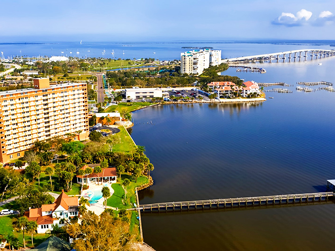 Titusville's waterfront stretches like a welcoming smile, with boats bobbing gently in the Florida sunshine.