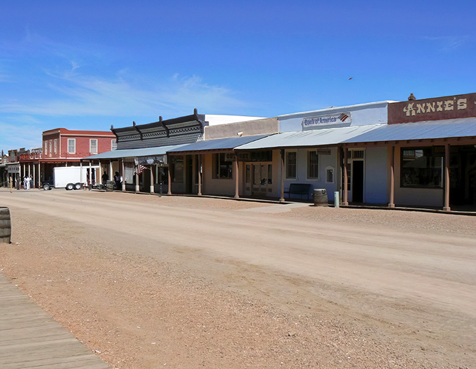Wooden storefronts line Tombstone's historic Allen Street, where cowboys and outlaws once walked these same boardwalks.