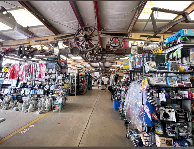 Where wagon wheels meet wallet-friendly deals! The colorful flags guide you through aisles of nostalgia and newfound treasures.