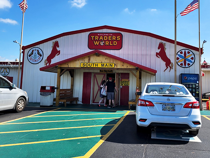 That classic barn-style entrance says "Come on in!" - like a Midwestern welcome mat made of metal. 