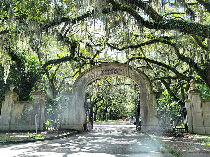 This grand stone archway welcomes visitors to Wormsloe, where history and natural beauty create the perfect Southern time capsule.