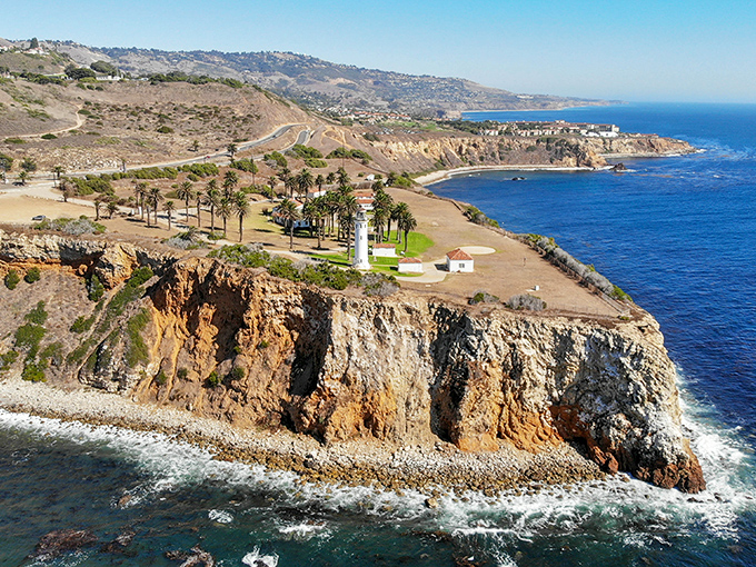 Nature's perfect balcony: where rugged cliffs, swaying palms, and that gleaming white lighthouse create California's most dramatic coastal theater.