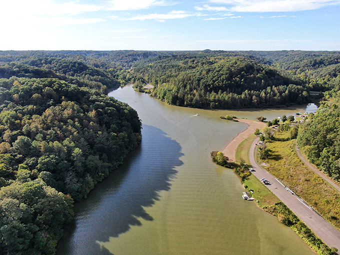 From above, Strouds Run reveals its secret: a serpentine lake embracing forested hills like nature's own hug.