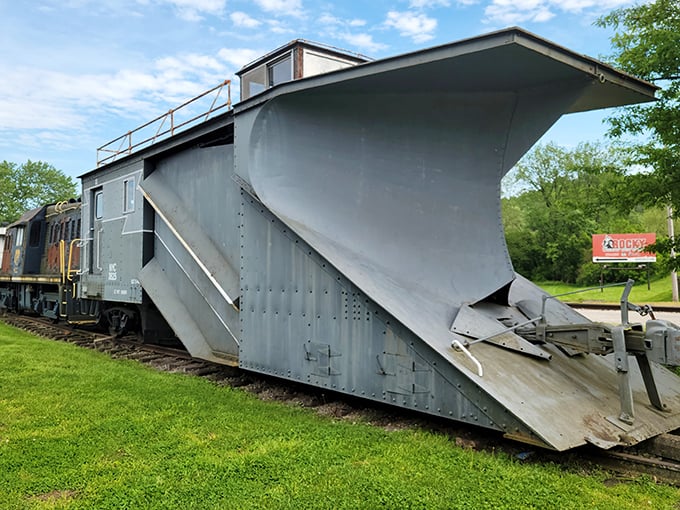 This massive snowplow attachment isn't needed in July, but it's a dramatic reminder of the railway's all-weather determination throughout Ohio's varied seasons.