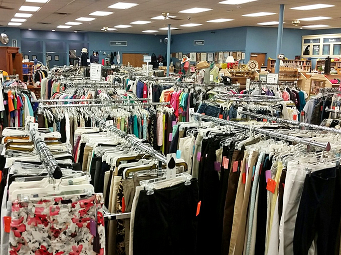 Rack after rack of carefully organized clothing stretches as far as the eye can see. It's like a department store where everything comes with a backstory.