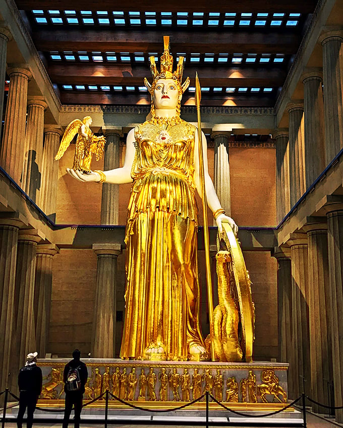 Talk about making an entrance! Athena Parthenos towers at 42 feet tall, draped in gold that would make King Midas jealous.