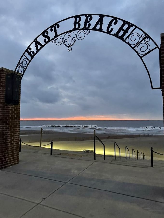 The iconic "EAST BEACH" arch stands as a portal between everyday Ohio and your own private coastal getaway.
