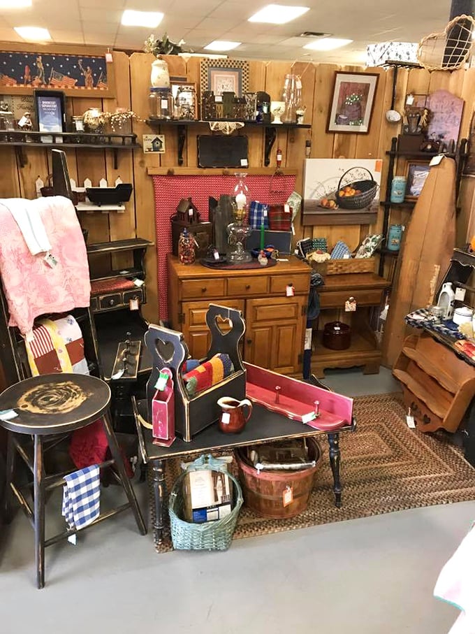 A perfectly staged country-style booth showcases furniture, decor, and homey touches that would make Joanna Gaines reach for her wallet.