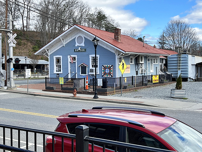 This charming blue depot isn't just a building&mdash;it's a portal to adventure, standing patiently in Bryson City as it has for generations.