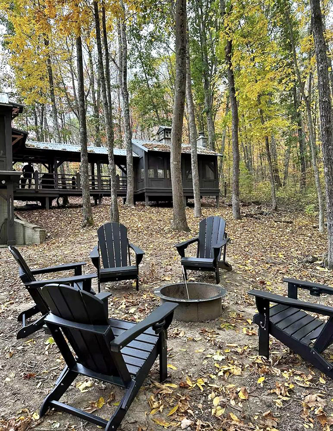 Cabin life done right. These Adirondack chairs around a fire pit are practically begging you to toast marshmallows and share ghost stories.