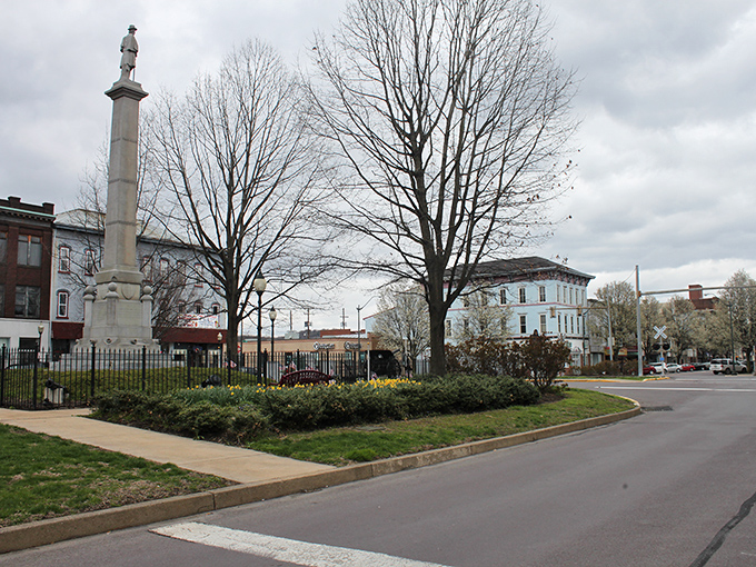 Cameron Park's stately monument and mature trees offer a peaceful retreat in the heart of town, where history and nature harmoniously coexist.
