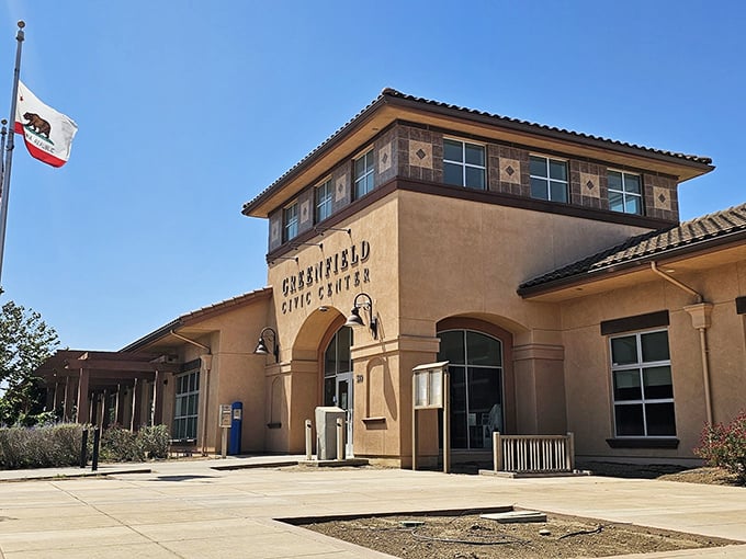 The Civic Center stands proudly under California's blue sky, its Spanish-inspired architecture a nod to the region's rich heritage.